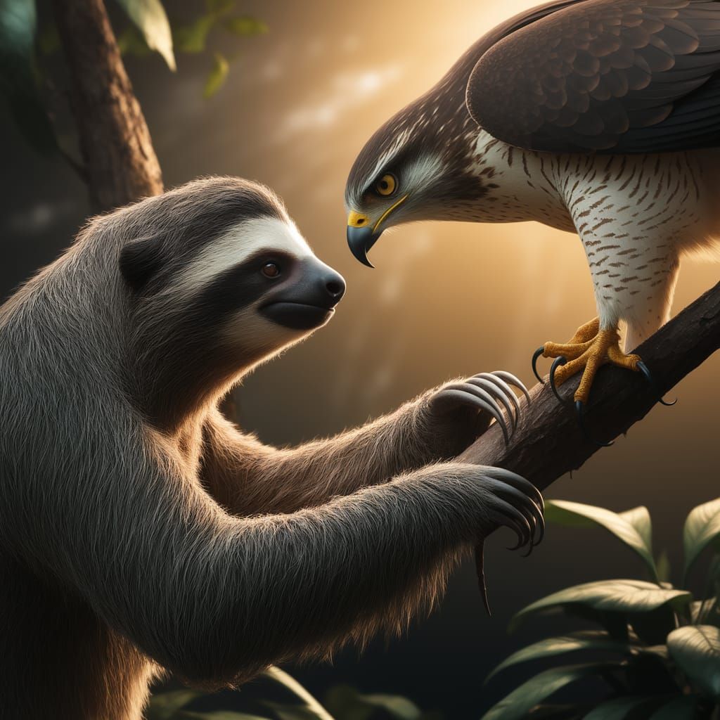 Sloth and Hawk Locked in Intense Gaze in Rainfores... - AI Art