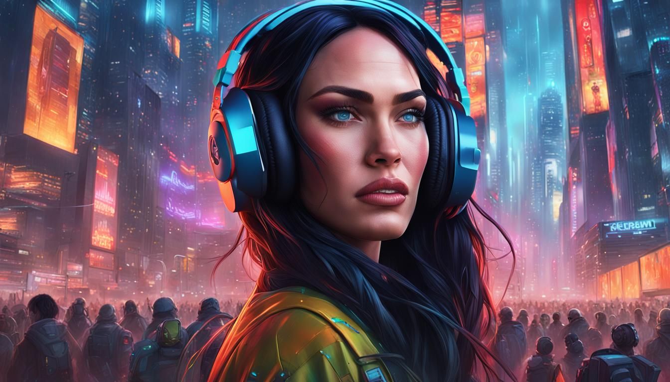 A close-up shot of stunning Megan Fox wearing headphones. - AI ...