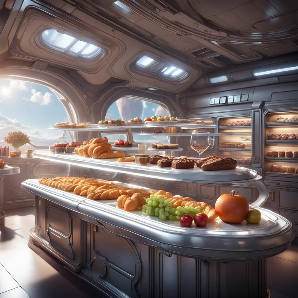 spaceship, spacestation, big buffet, bakery, fruits, vegetables, drinks ...
