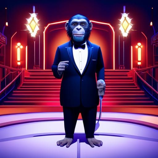 Chimpanzee, stand up comedy, dressed in tuxedo, holding microphone, Las ...