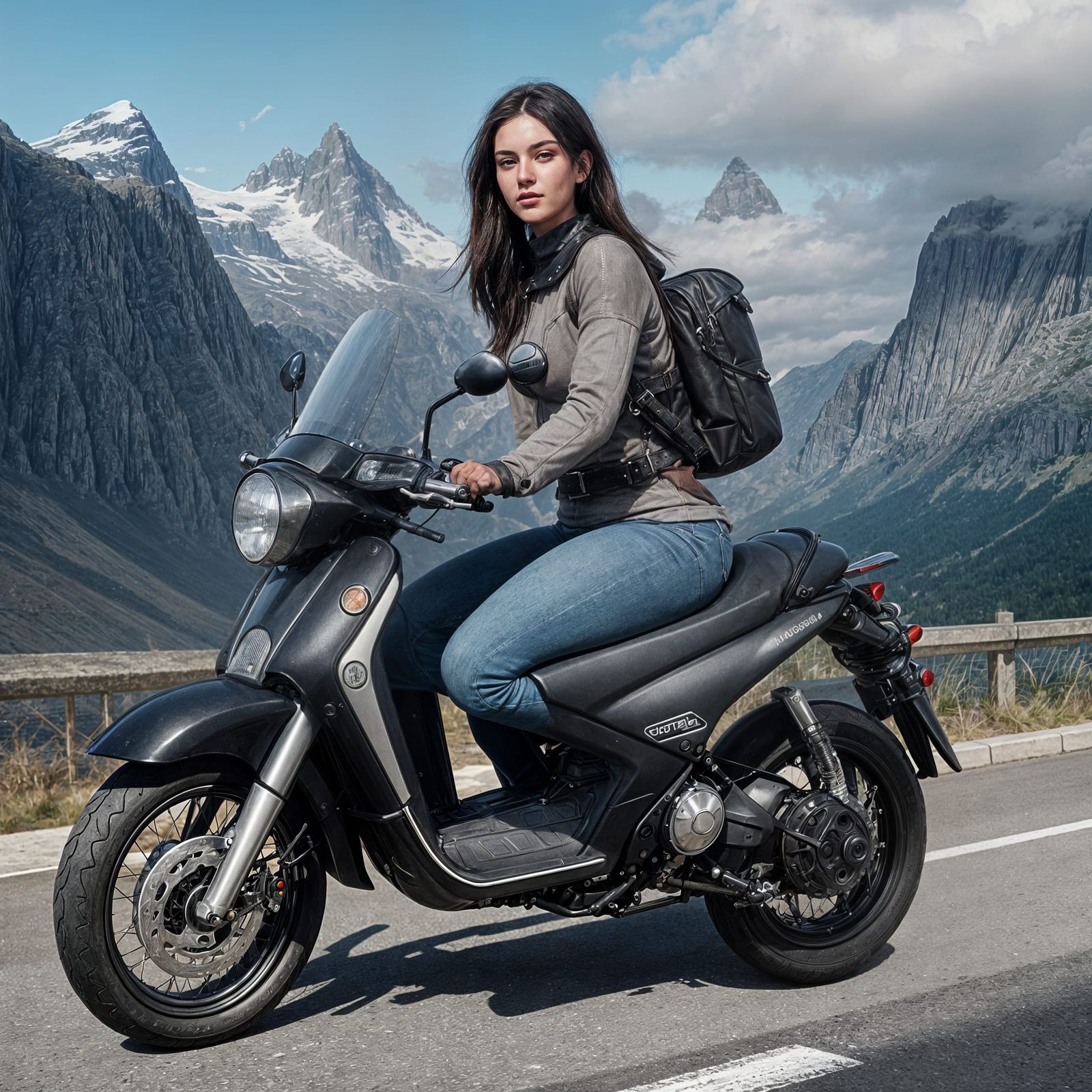 Realistic image of a girl riding a moped, gray swe... - AI Art