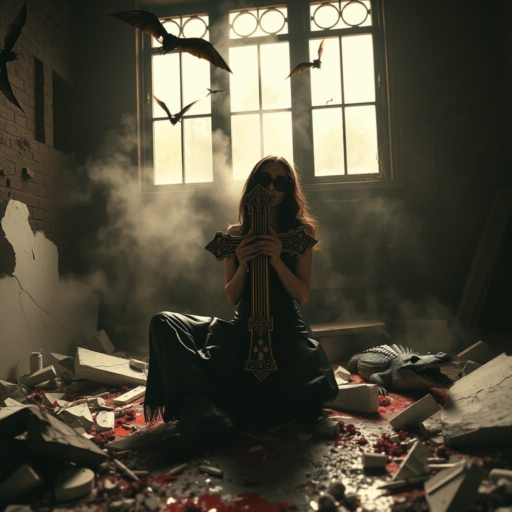 A goth fashion model with black sunglasses in dark surreal scene