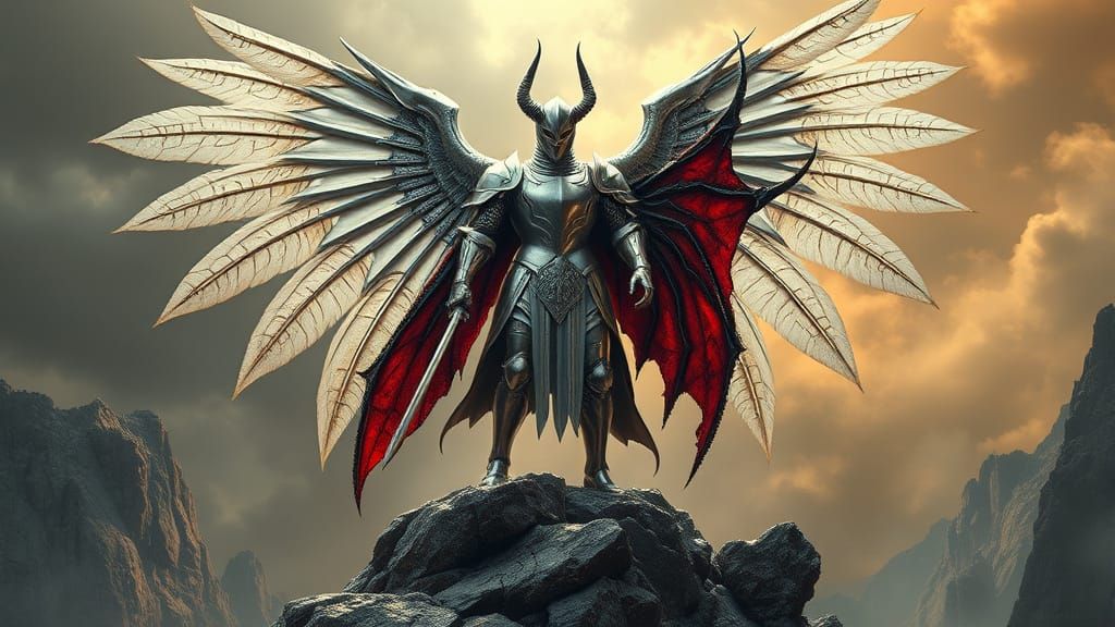 a powerful angelic knight transforming into a demonic being