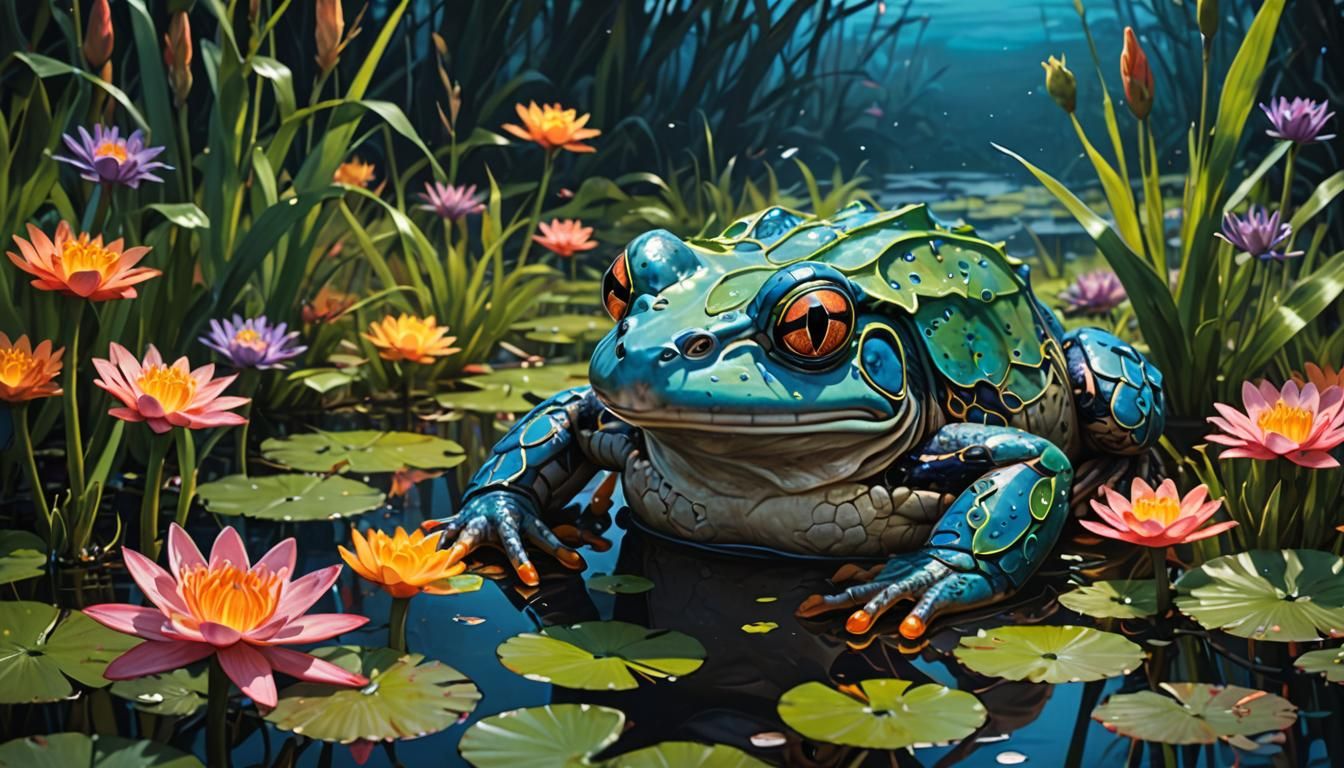 in a marsh at night, among cattail patches, there are dozens of frog ...