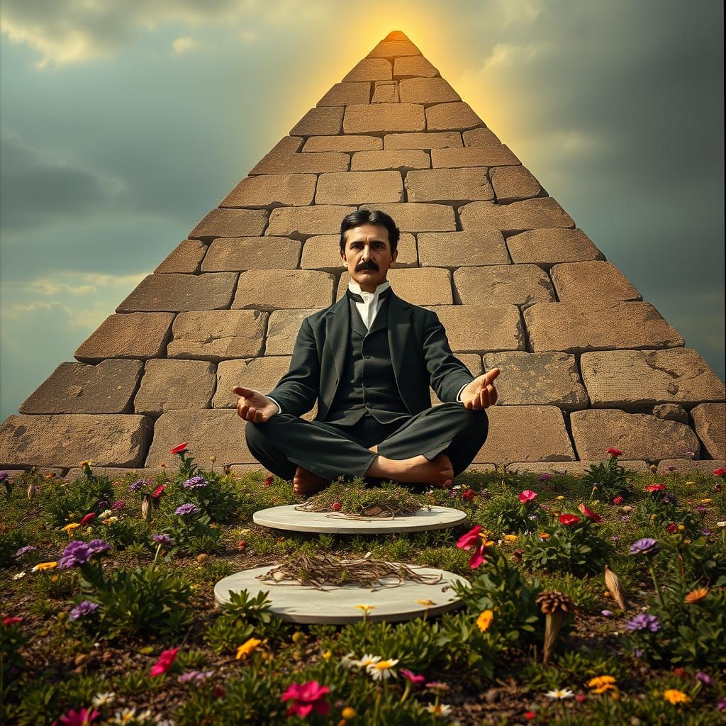 Nikola Tesla meditates at the top of an old big pyramid covered by ...