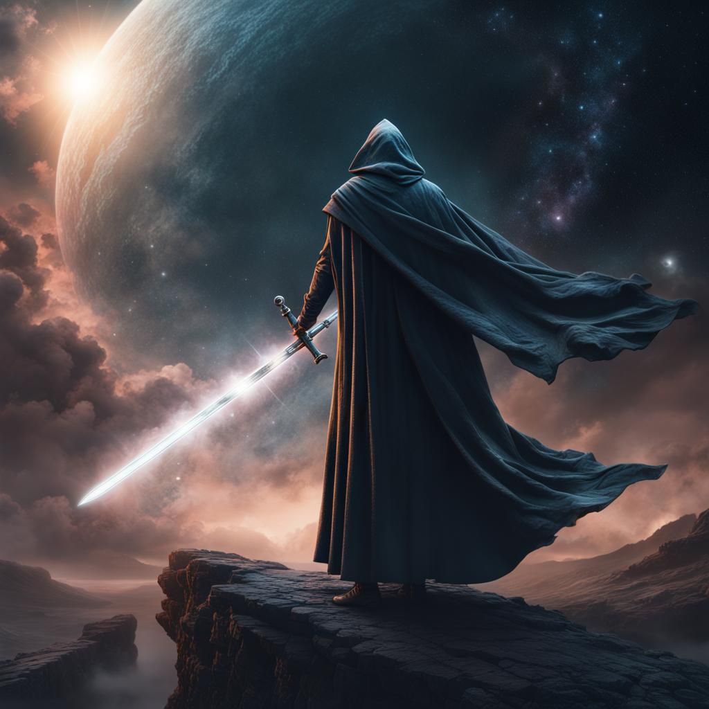Cloaked figure wielding the sword of cosmos - AI Generated Artwork ...