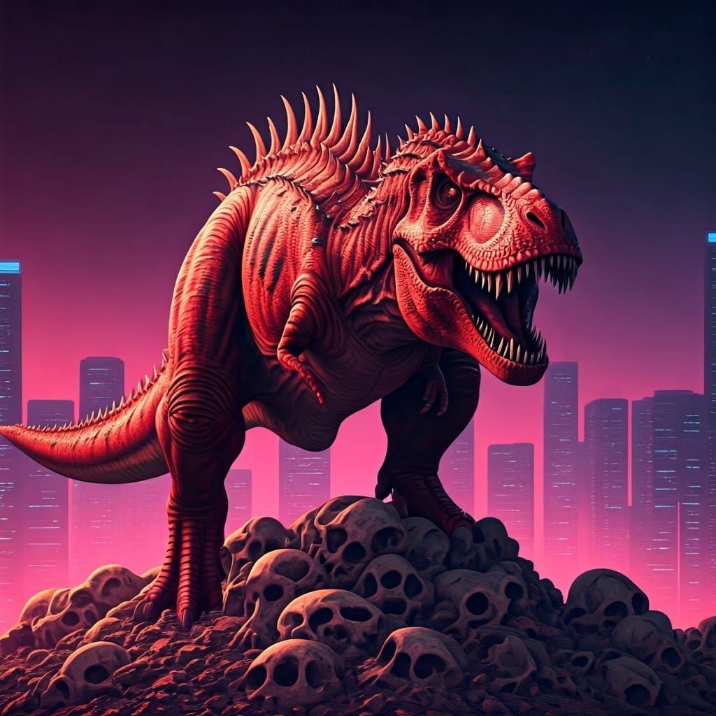 Mighty Crimson Tyrannosaurus Rex Rules Over Ancien... - AI Art