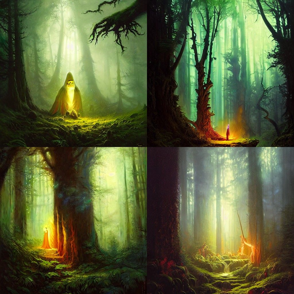 Mage in a mystical forest Greg Rutkowski Kelly Freas detailed painting ...