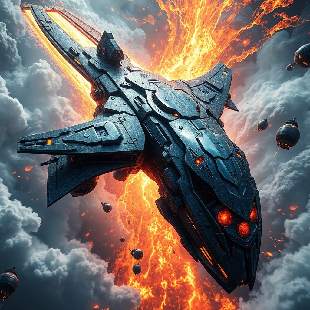 A colossal, intricately detailed flying war vehicle, forged from a ...