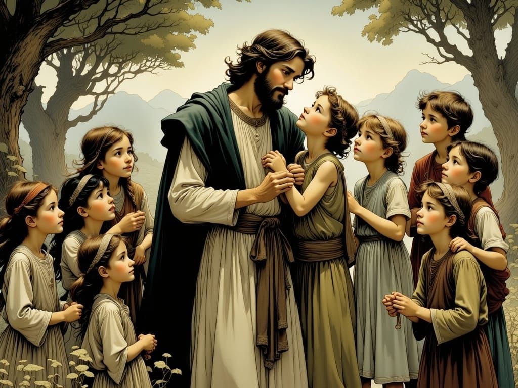Jesus Comforts Children with Loving Embrace in War... - AI Art