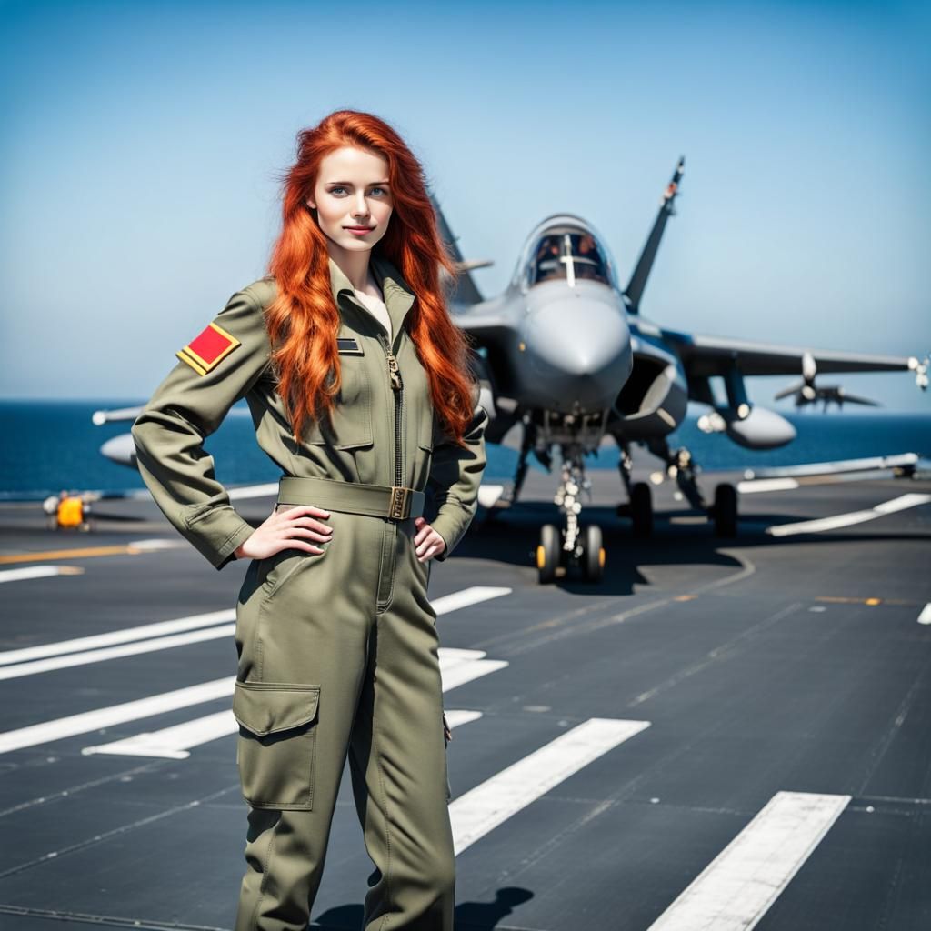 Portrait of a Beautiful cute long red haired military pilot girl ...
