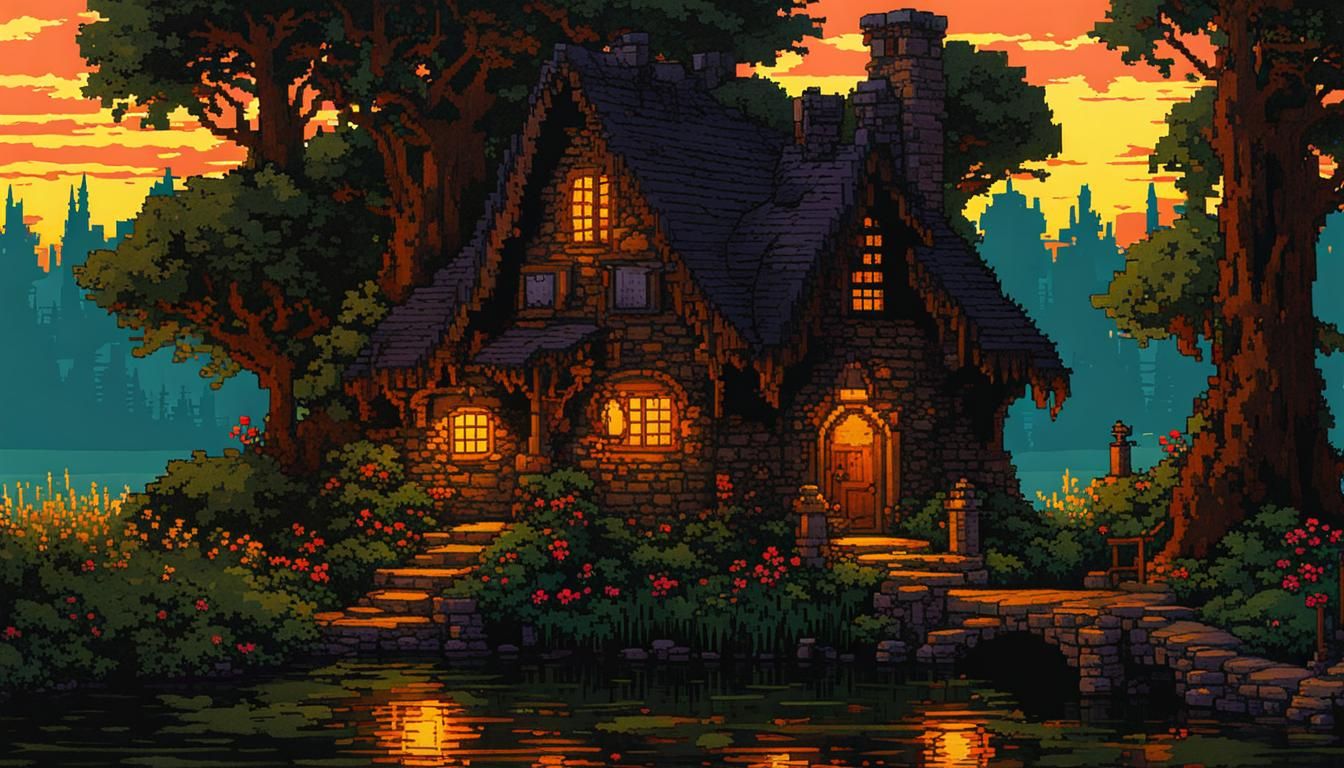 Witch's cottage by John William Waterhouse, (pixel art, pixel ...