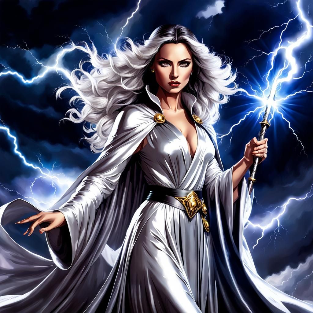 Magnificent powerful Witch, wearing a flowing silver robe, dark eyes ...