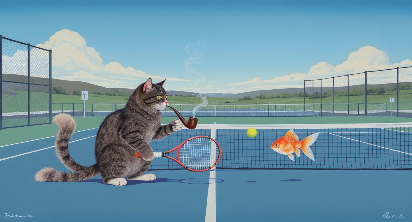 Fritz the Cat plays tennis with a goldfish named Maurice, in the style ...