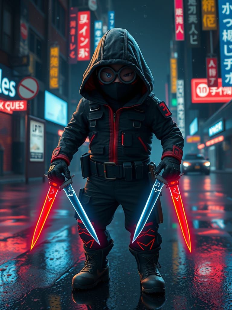 A stealthy Minion dressed in a black tactical suit with glowing red ...