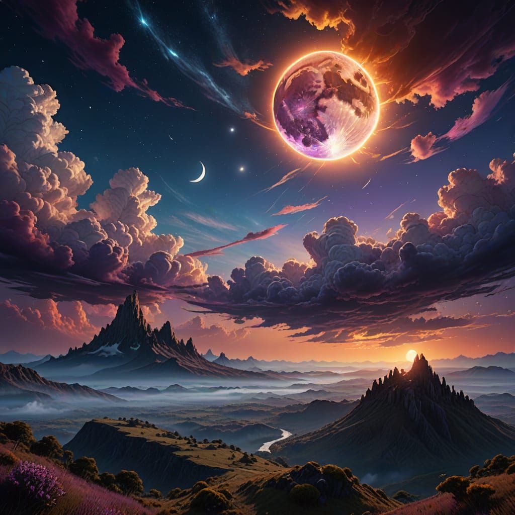 the sun and moon - Celestial Harmony in Vibrant, Swirling Cl...