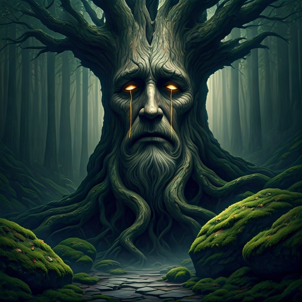 A gnarled, ancient tree deep in a mist-shrouded fo... - AI Art