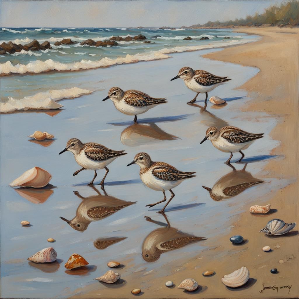 Small sandpipers running along the shoreline - AI Generated Artwork ...