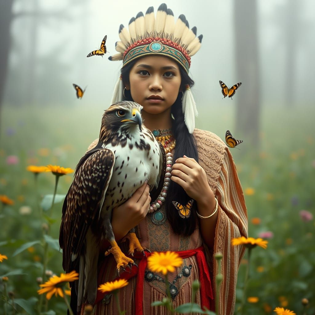 girl holding a hawk - Native American Girl with Hawk in Ench...