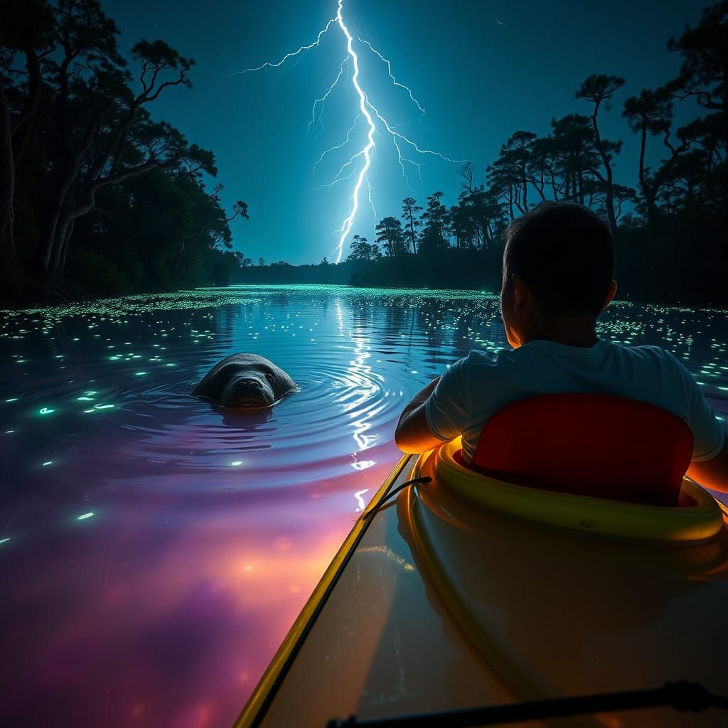 Mystical Nighttime Kayaking in Bioluminescent Wate... - AI Art