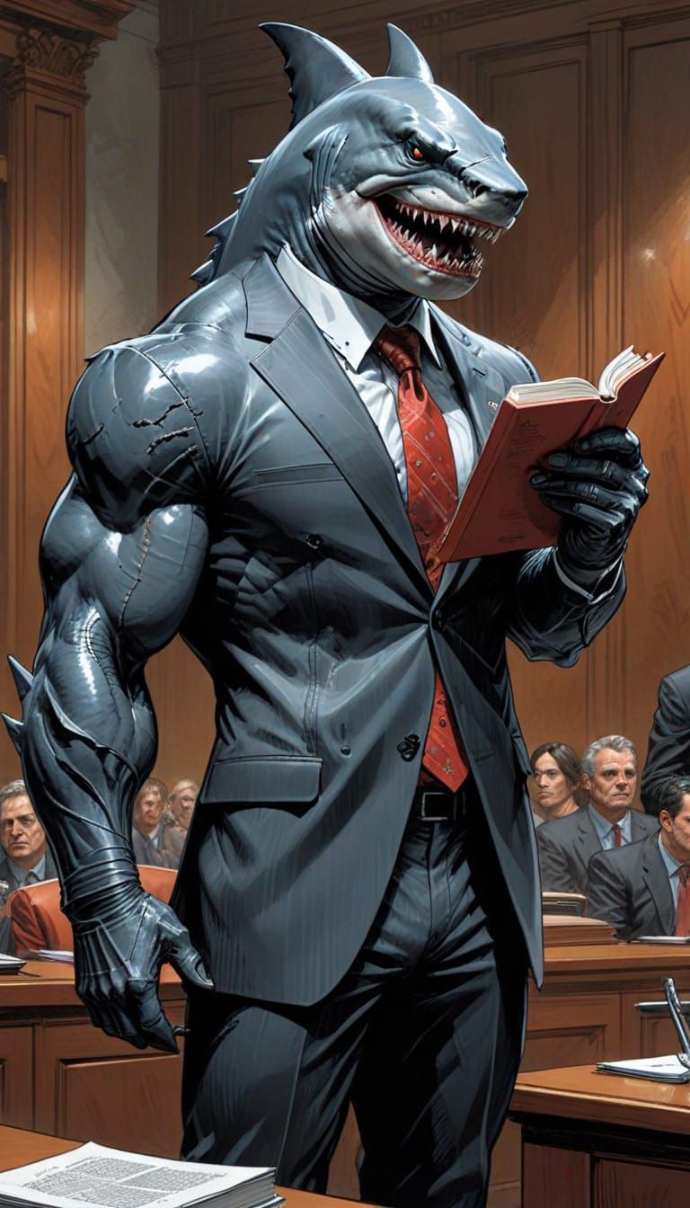 Confident Anthro Shark Lawyer Exudes Power in Cour... - AI Art