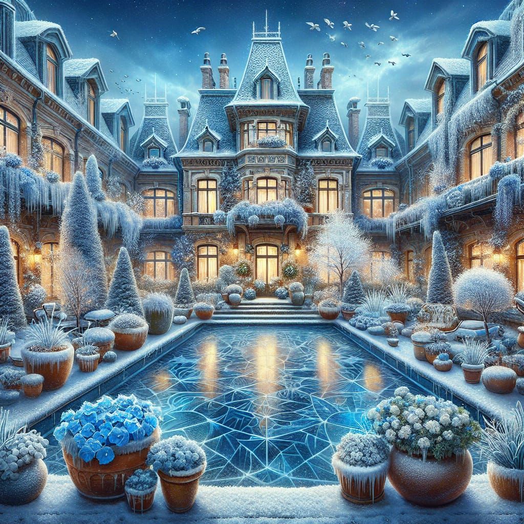 A magical winter wonderland unfolds in a snowy garden.