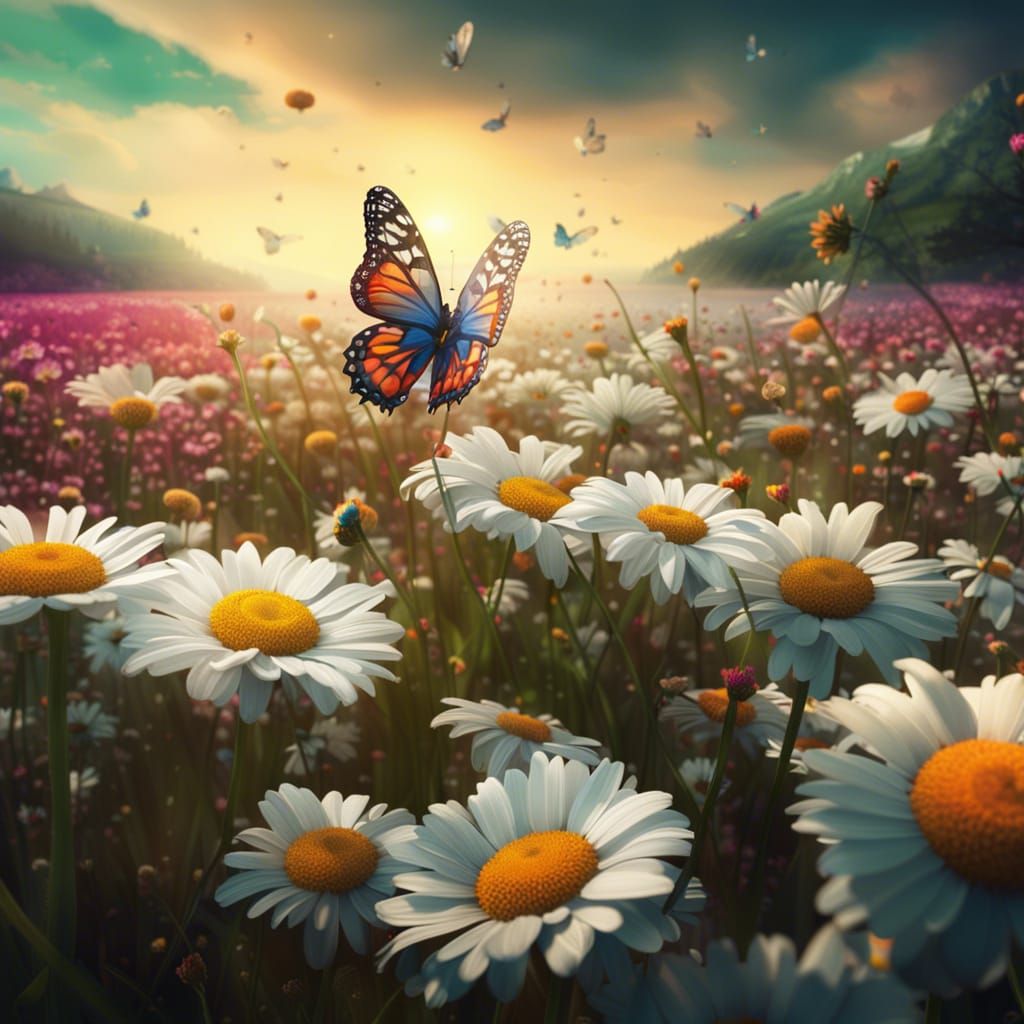 A field of daisies with a colorful butterfly - AI Generated Artwork ...