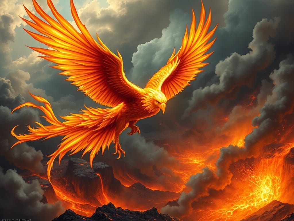 A fiery phoenix, mid-flight, with blazing feathers that flicker like ...