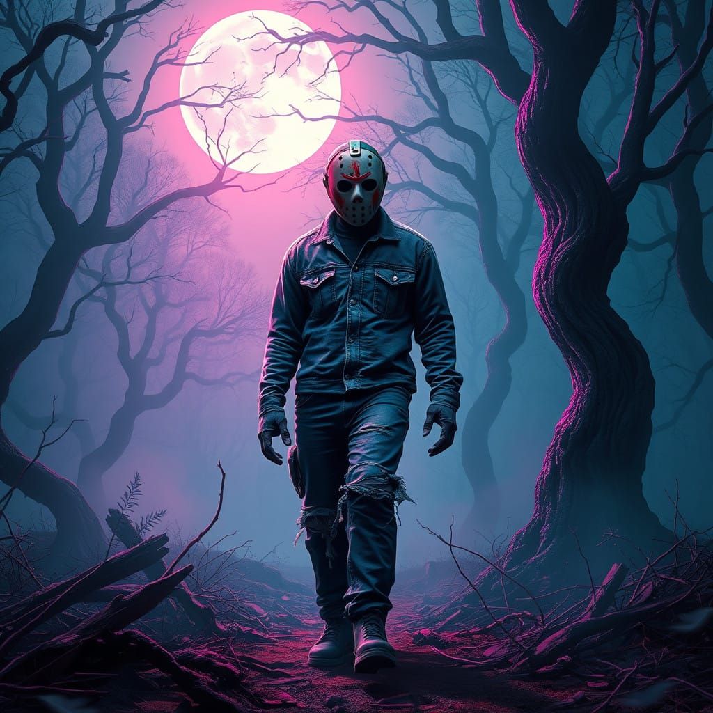 Eerie Slasher Emerges from Moonlit Forest in Neon-... - AI Art