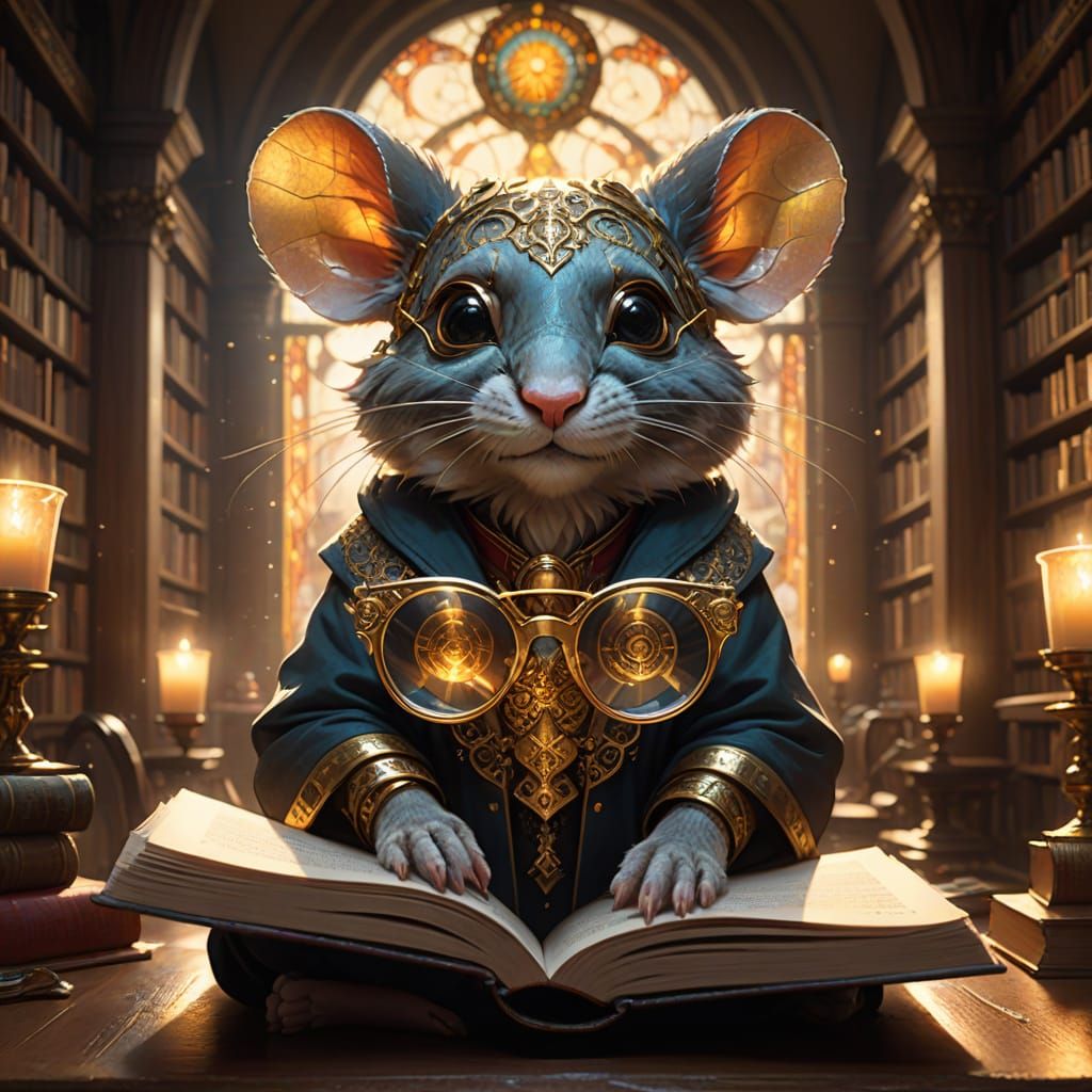 Studious Mouse - Stylized Mouse in Golden Hour Library