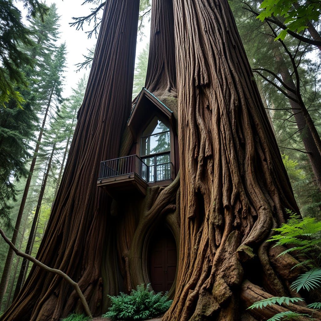 Whimsical Redwood Treehouse in Fantasy Style - AI Art