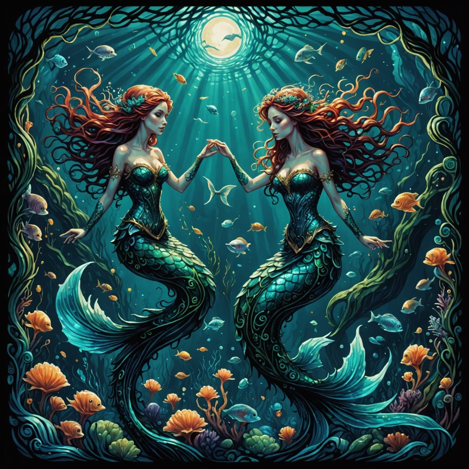 hyperdetailed Metaphysical Painting mermaids Dan Mumford Tim Burton ...