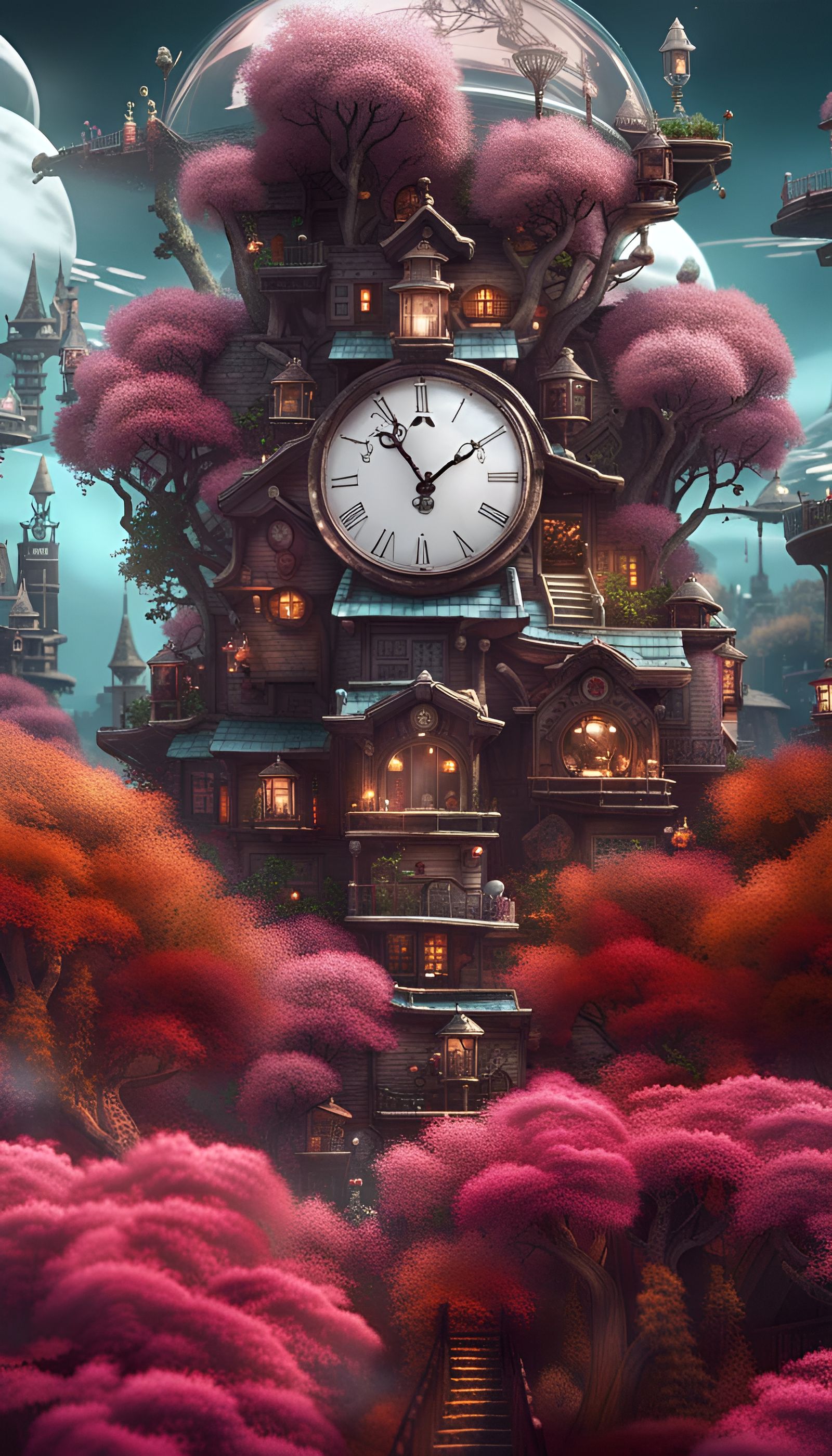 "Clockpunk Glass crystal bonsai village; Epic cinematic brilliant ...