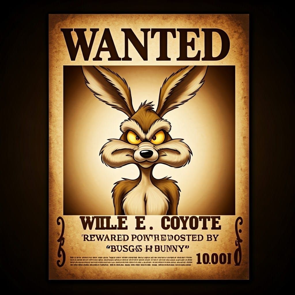 Wanted poster with banner saying 'Wile E. Coyote', and below saying ...