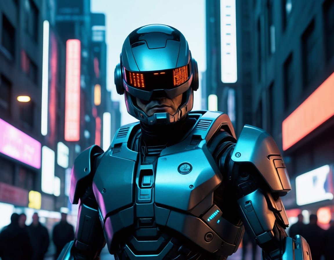 Cyberpunk cop - Cyberpunk Robocop in Futuristic Urban Landsc...