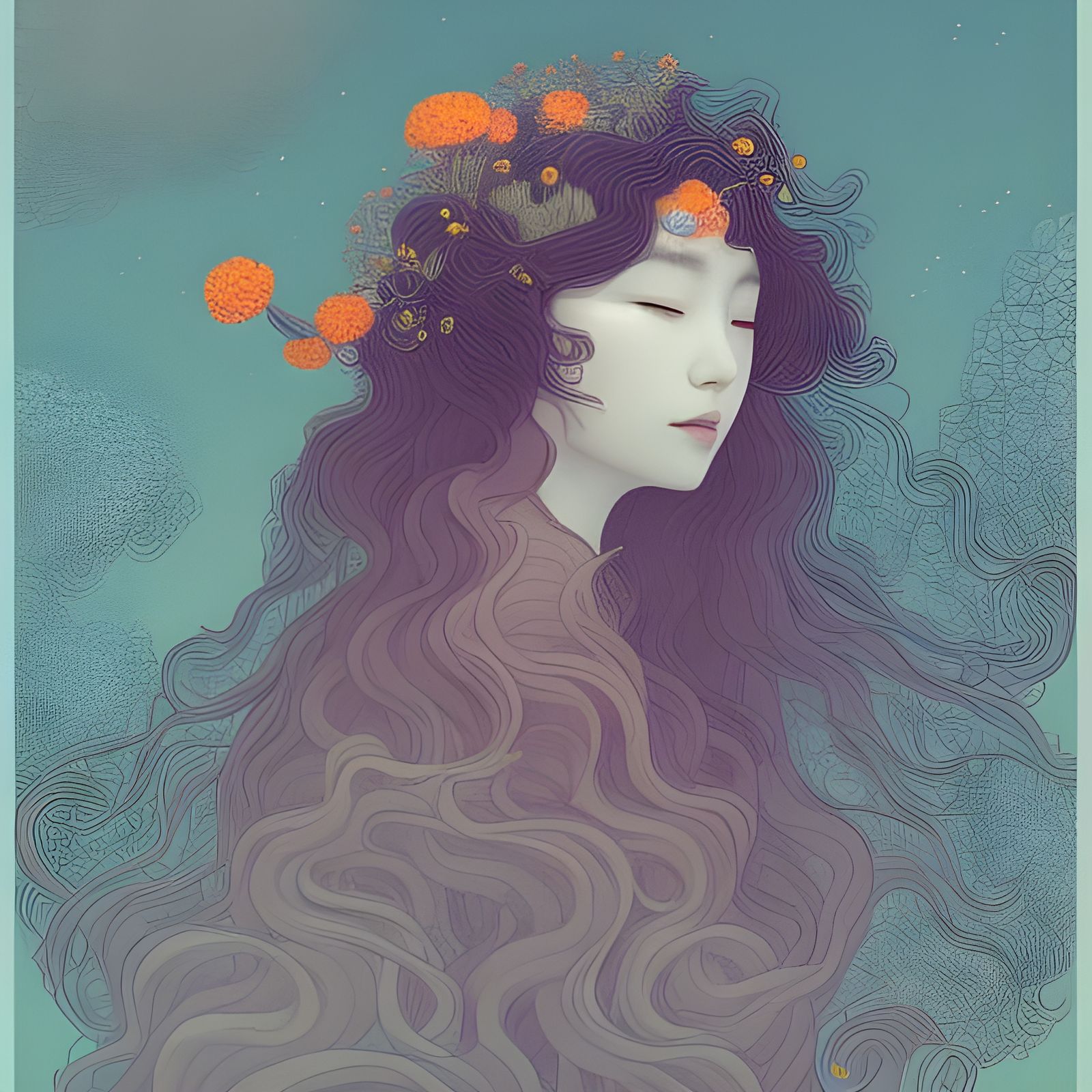 beautiful cute front portrait Korean ninfa, big long curly hair, herbs ...