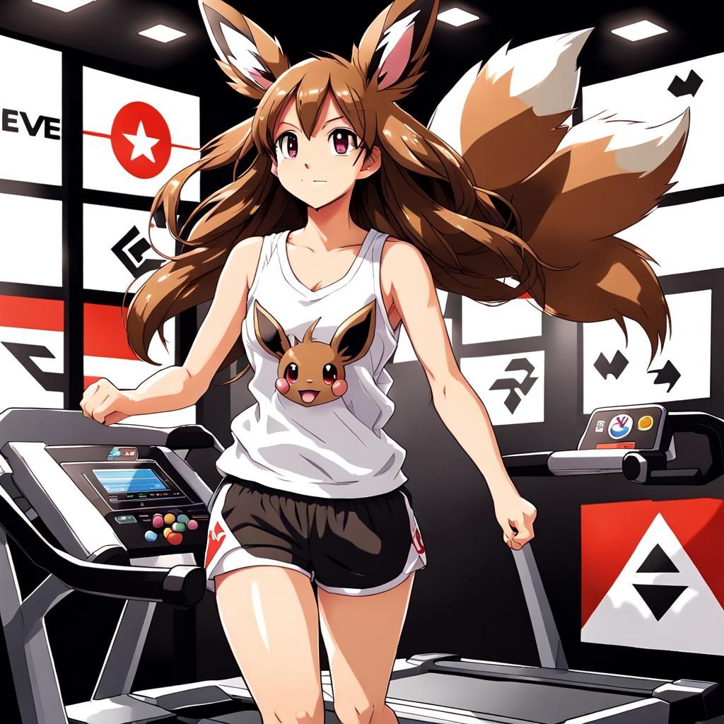 furry, female eevee, curvy, cute eevee girl face, small waist, thin legs, furry eevee tail on ...
