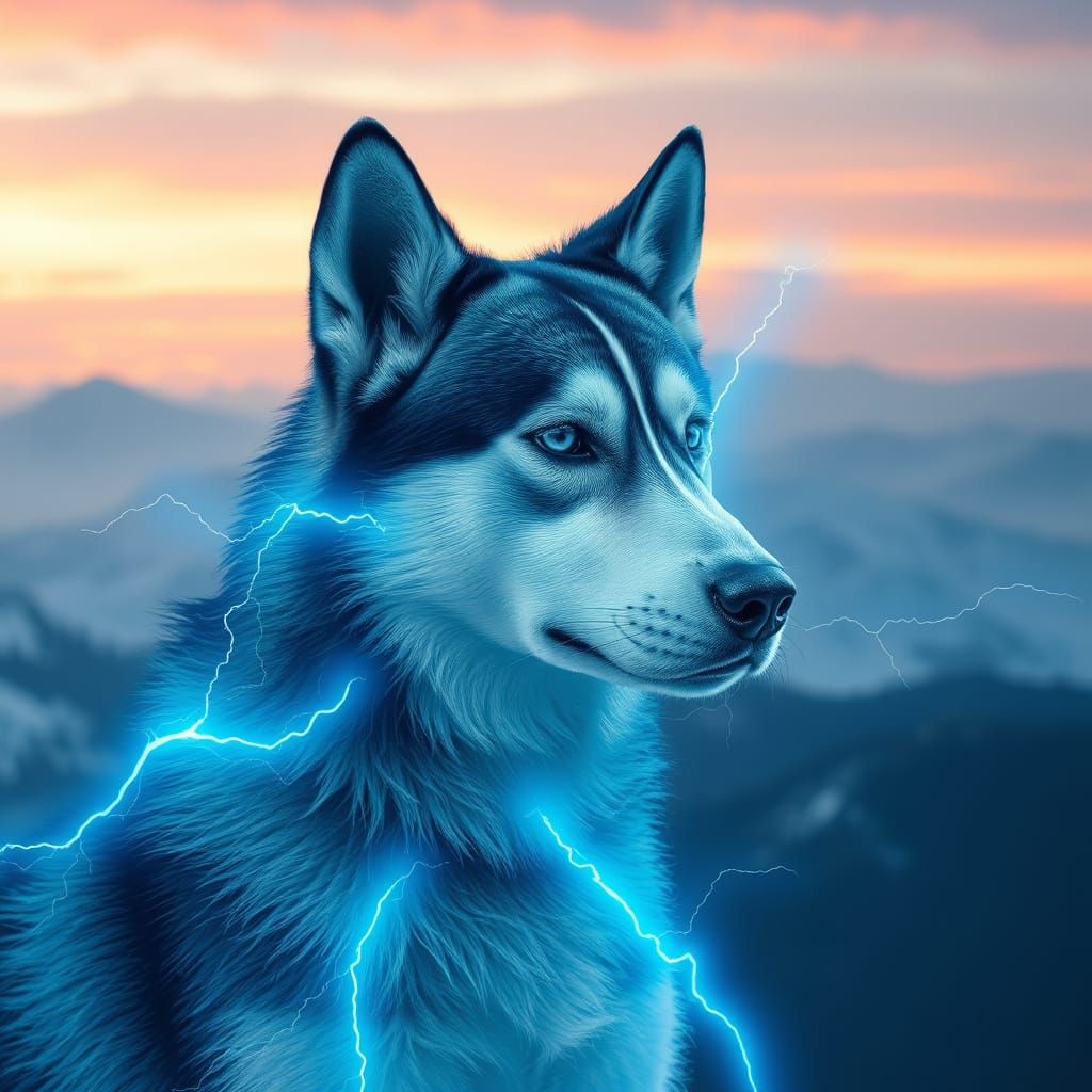 Electric Husky Dominates a Majestic Mountain Lands... - AI Art
