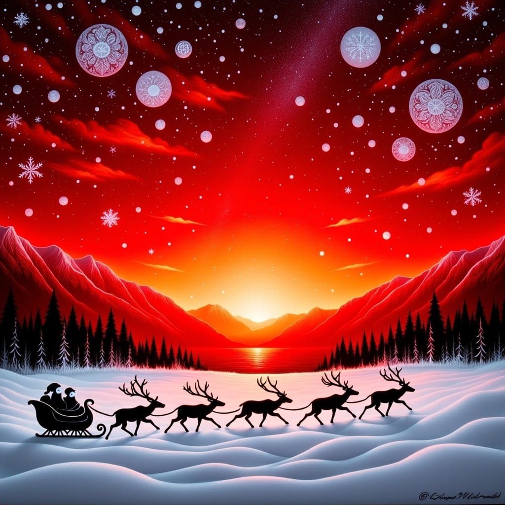 Sunset Sleigh Ride - Santa's Sleigh Ride at Sunset on Red Gl...