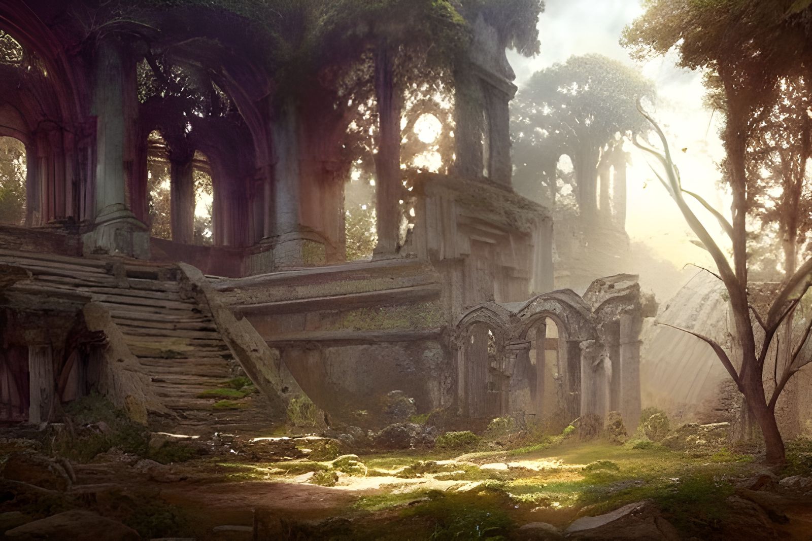 painting of sacred ancient cursed ruins, forest, concept art, intricate ...