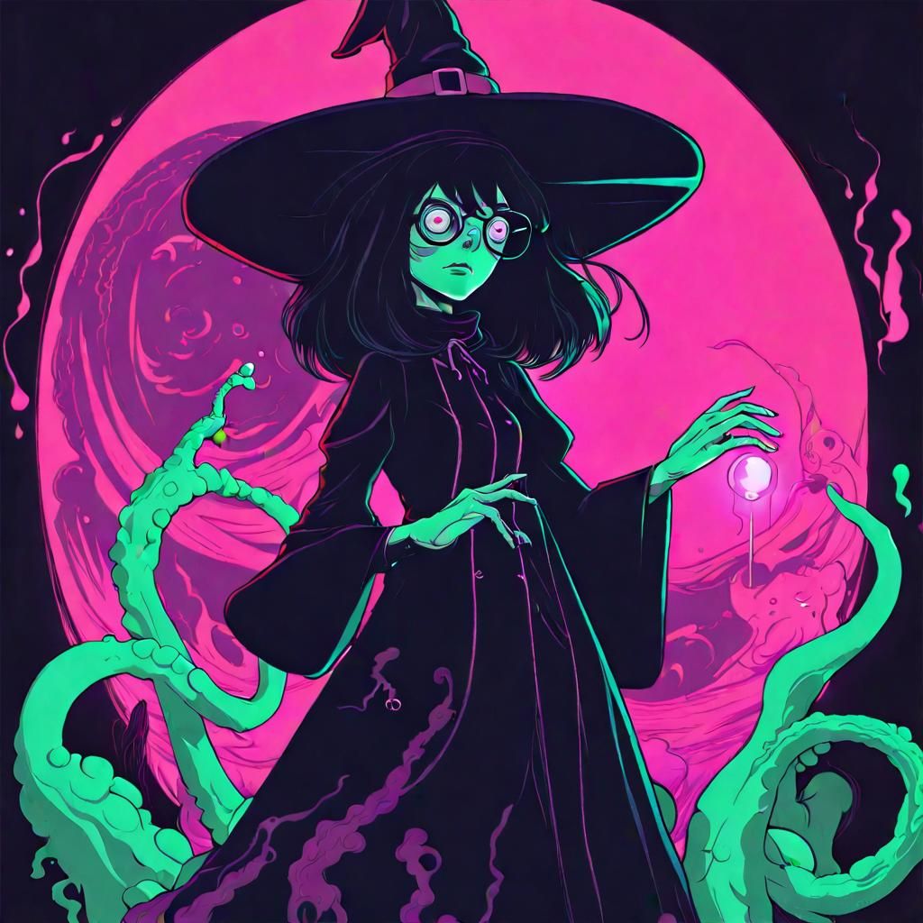 Lovecraftian Witch in the style of studio gibli and jhonen vasquez ...