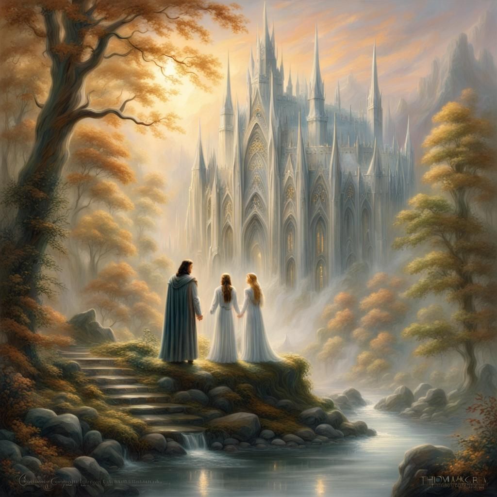 A scene of Lothlorien with Galadriel and Celeborn standing in front of ...