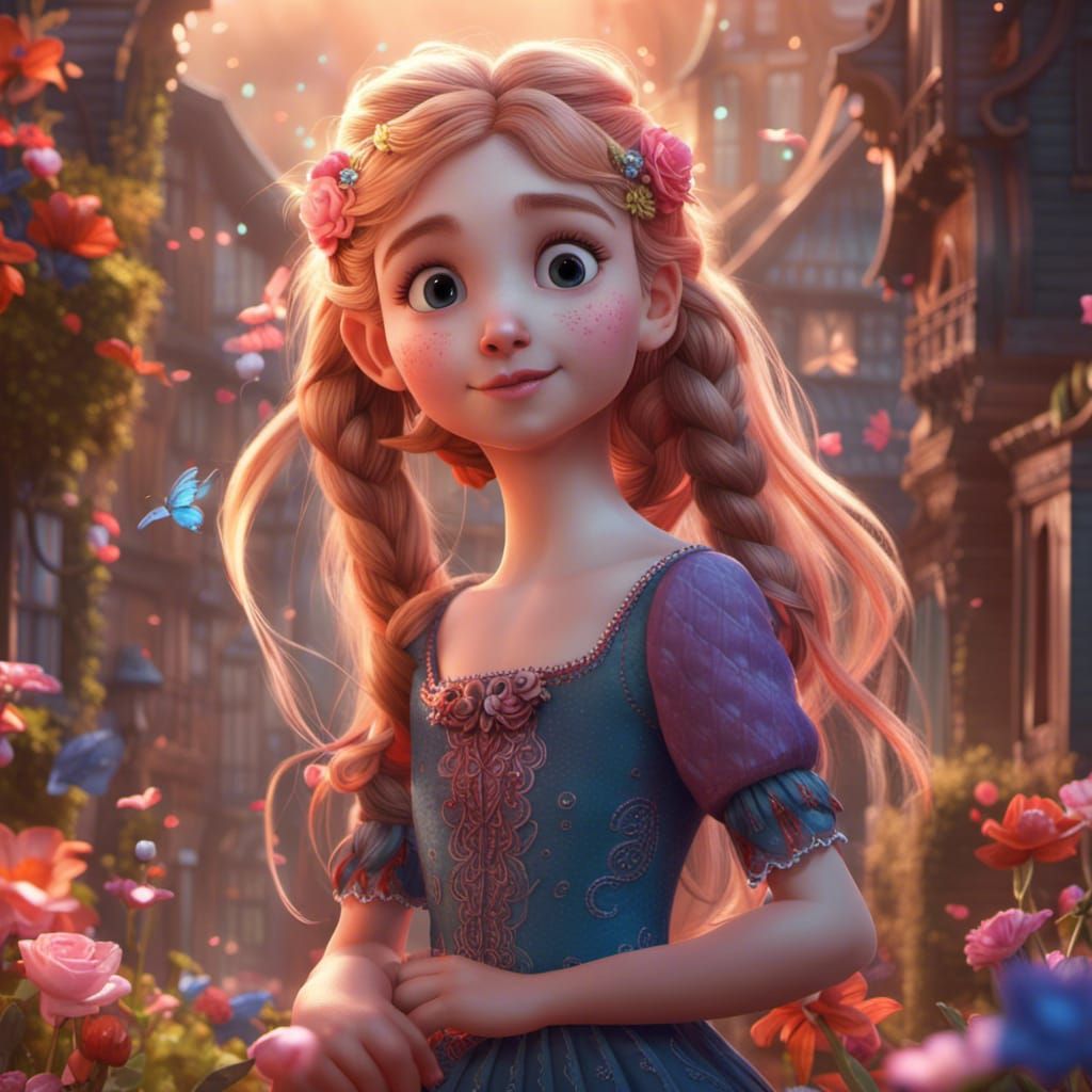 /imagine: a charming cartoon girl with dreamy eyes, a ponytail, and a ...