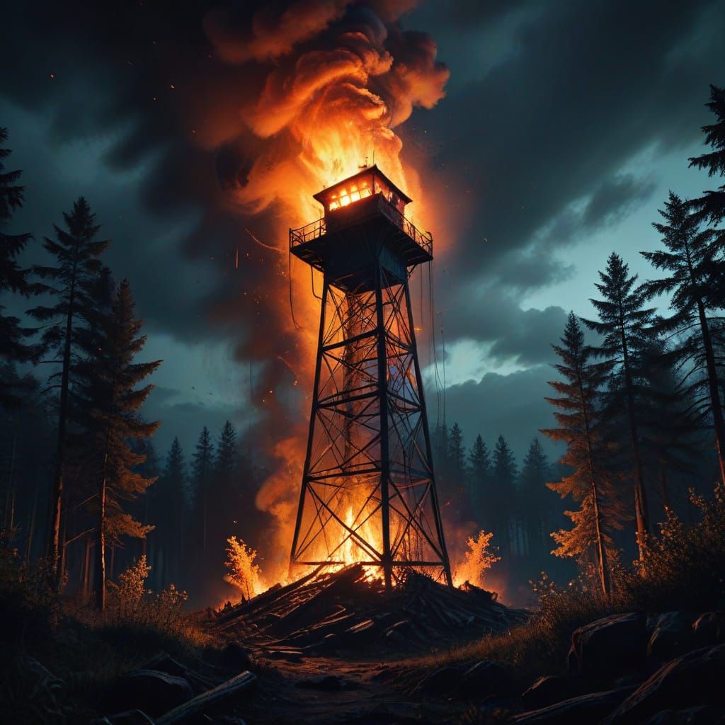 The Fire Watch Tower On Fire - Burning Forest Watchtower in ...