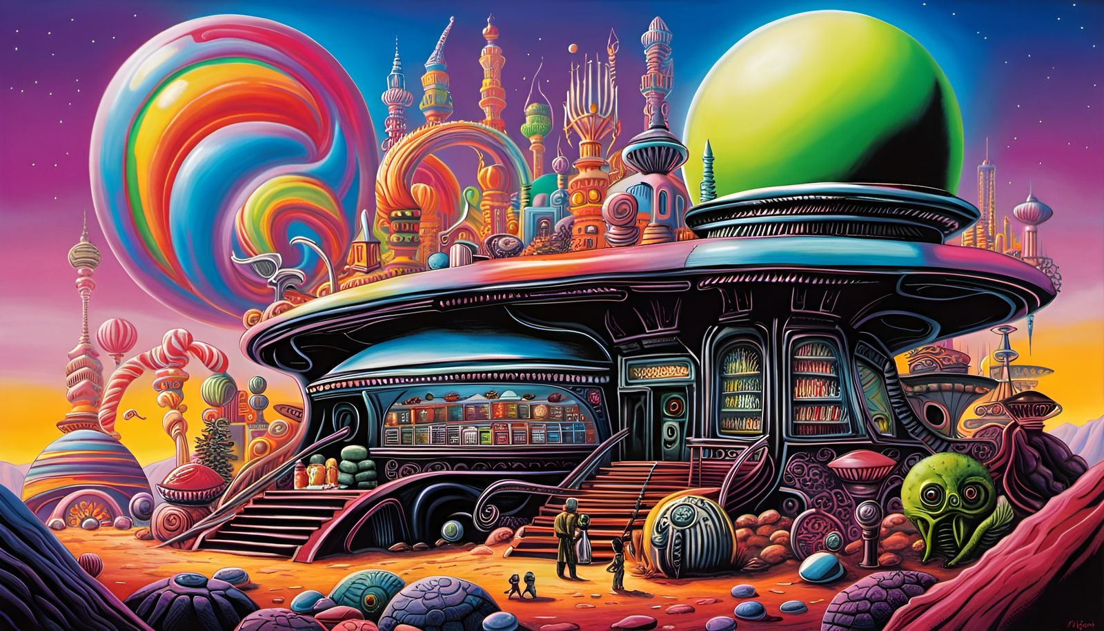 candy shop on alien planet, bright colors, aliens, japanese inspired, H ...
