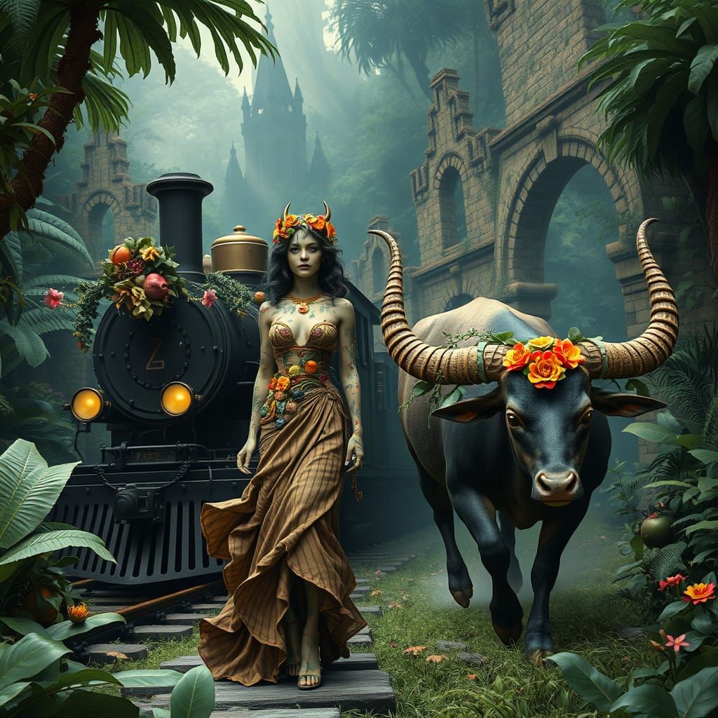 Mystical Jungle Goddess with Mutated Fruit Skin in... - AI Art