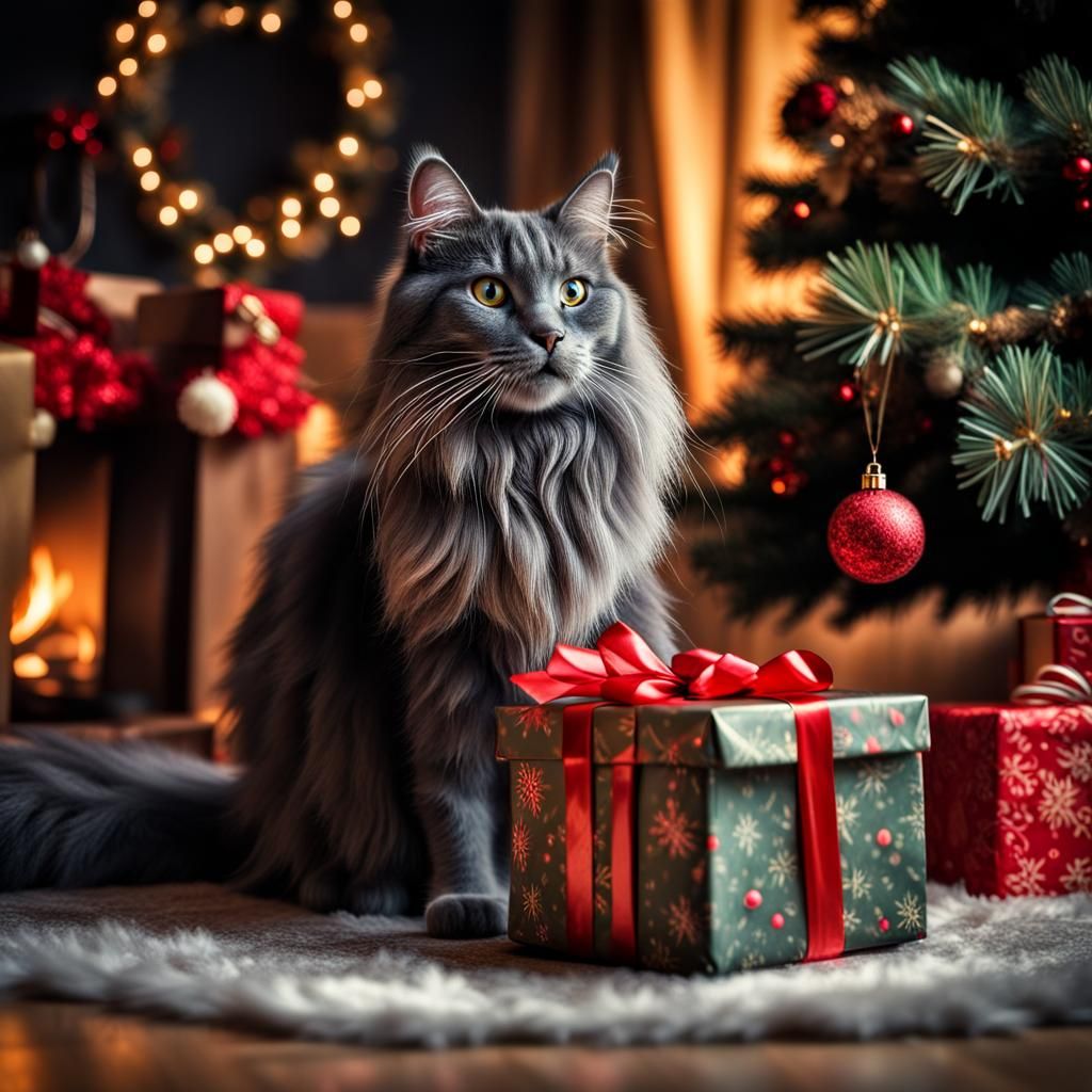 Happy dark gray long haired cat opening a Christmas gift - AI Generated ...