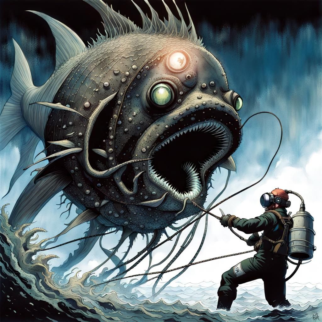 action shot, salvage diver fighting a giant Creepy Anglerfish, deep sea ...