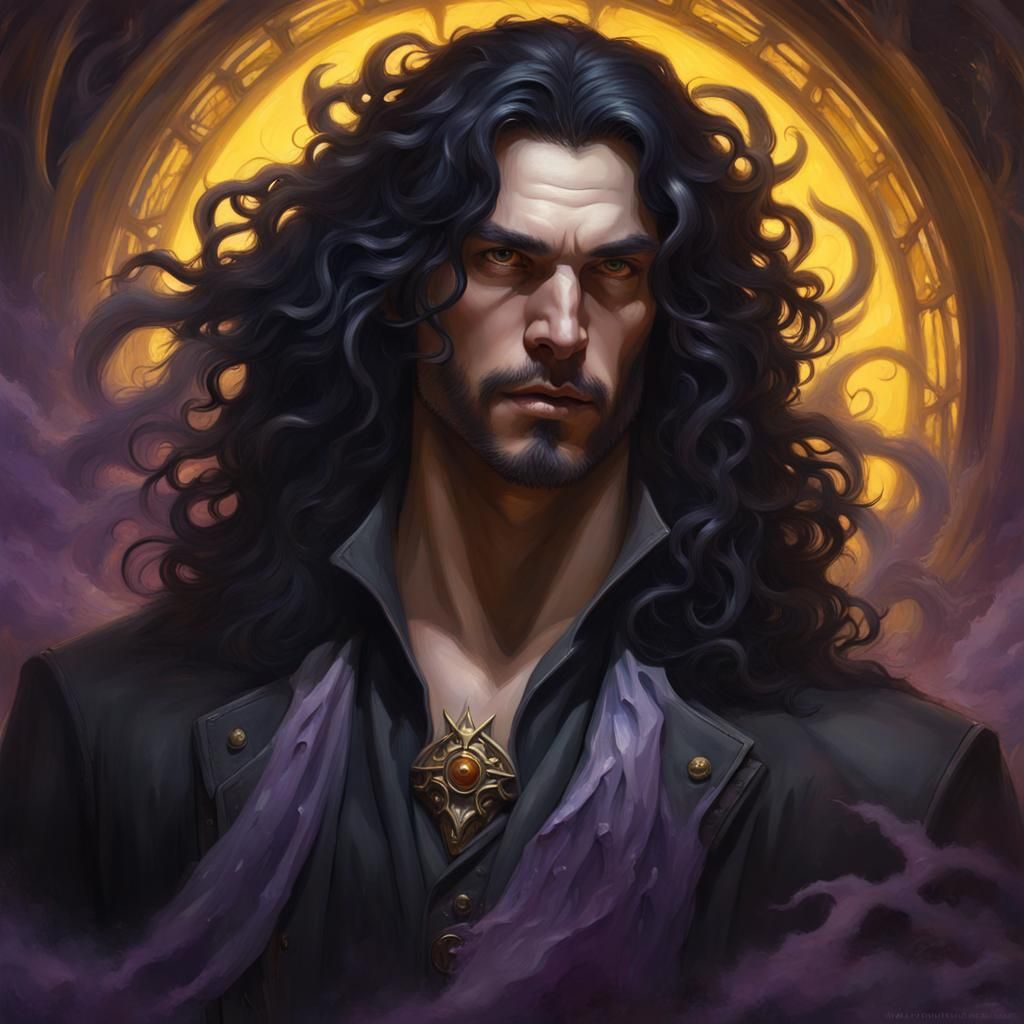 oil painting, gothic fantasy, handsome man long curly black hair, ghost ...