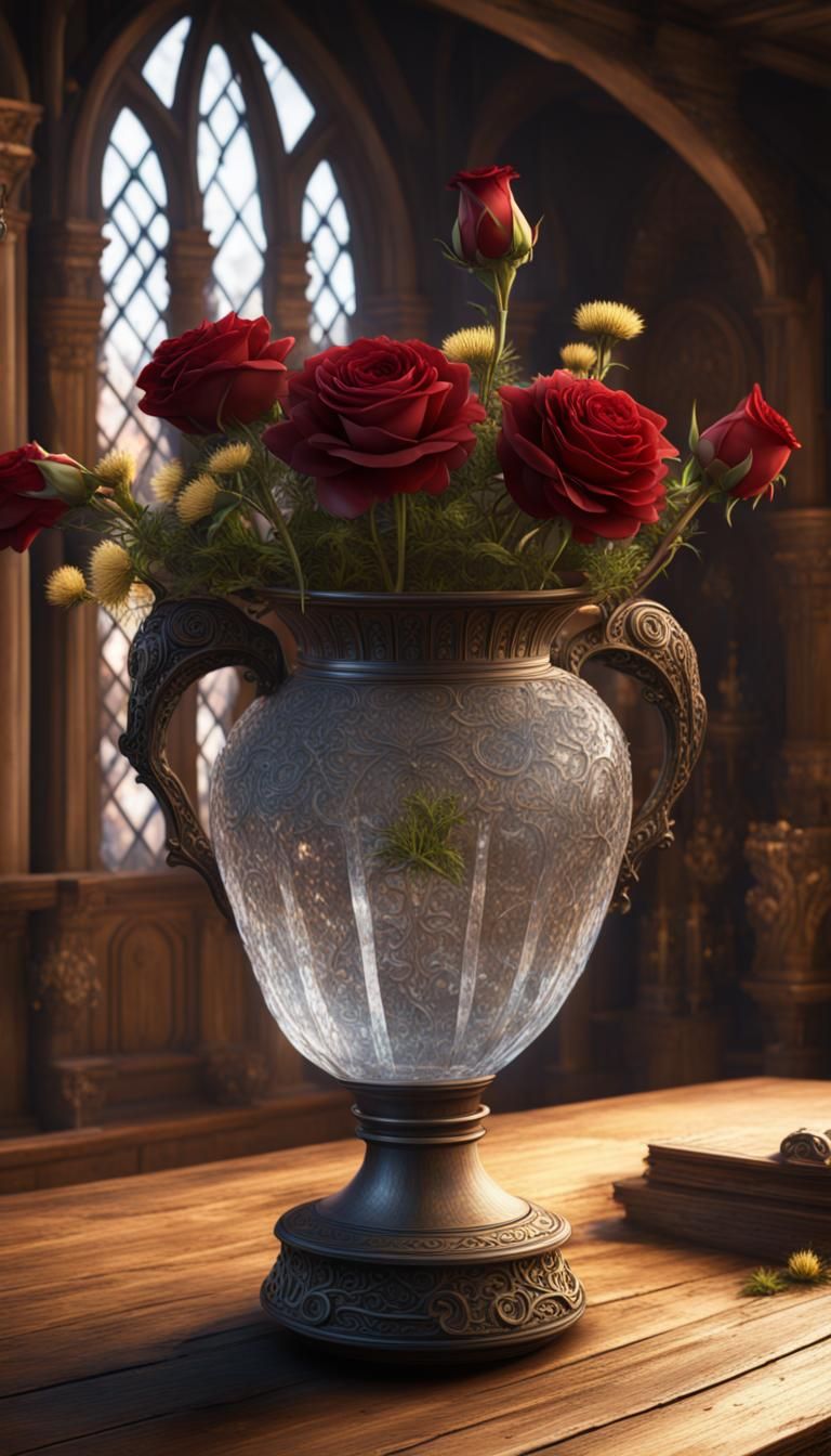 flower vase - Crystal Vase with Roses in Medieval Palace